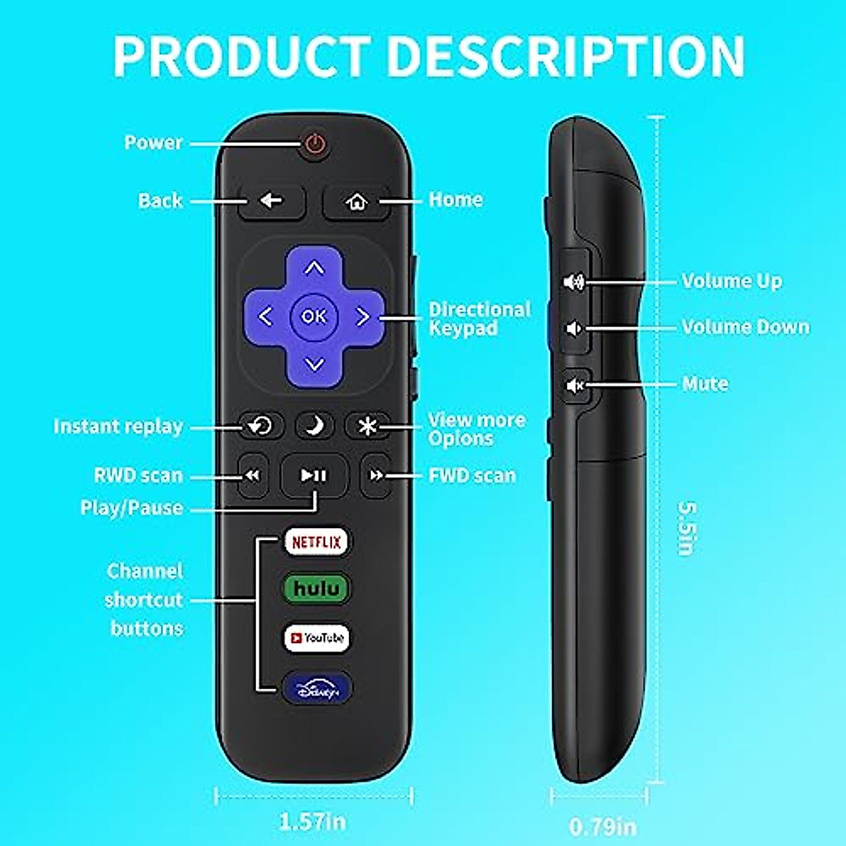 (Pack of 2) Replaced Remote Control Only for Roku TV,Compatible with for TCL Roku/Hisense Roku/Onn Roku/Insignia Roku/Element Roku/Westinghouse Roku/Hitachi Roku TV【Not for Roku Stick and Box】