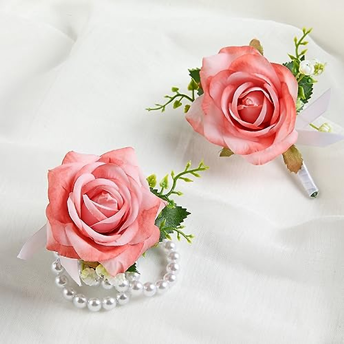 Helera Handmade Corsage and Boutonniere Set, Rose Wrist Corsage and Men Boutonniere for Wedding Party Prom Anniversary Homecoming Decorations (Pink)