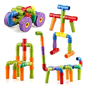 Wondertoys 72 Piece Pipe Toys for Kids Multicolor Pipe Tube Building Blocks Educational STEM Construction Learning Toys with Wheels Baseplate for All Ages Kids