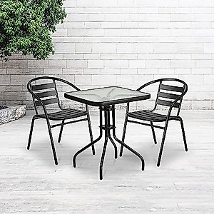 Flash Furniture Lila 23.5'' Square Glass Metal Table with 2 Black Metal Aluminum Slat Stack Chairs
