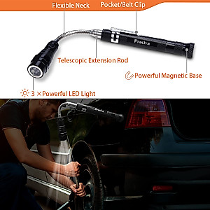 Preciva 5PCS Magnetic Telescoping Pick-up Tool Kit with 15lb &1lb Pick Up Rod, Round & Square 360 Swivel Adjustable Inspection Mirror and Telescoping Flexible LED Flashlight (Batteries Included)
