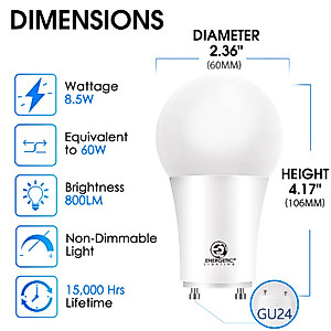 Energetic GU24 LED Light Bulb, 60 Watt Equivalent (8.5W), 3000K Warm White, 800 Lumens, Non-Dimmable, 2 Prong Light Bulb, UL Listed, 4 Pack