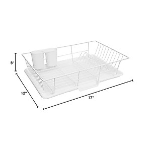Sweet Home Collection Space-Saving 3-Piece Dish Drainer Rack Set: Efficient Kitchen Organizer for Quick Drying and Storage - includes Cutlery Holder and Drainboard - Maximize Countertop Space, White