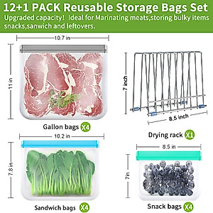 Reusable Ziplock Bags Silicone, Leakproof Reusable Freezer Bags, BPA Free Reusable Food Storage Bags for Lunch Marinate Food Travel, 4 Gallon 4 Snack 4 Sandwich Bags 1 Drying Rack