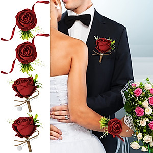 4 Pcs Corsage and Boutonniere Set, 2 Rose Wrist Corsage Wristlet Band Bracelet for Prom and 2 Boutonniere for Men Wedding Groom Flowers Accessories Suit Decoration (Burgundy)