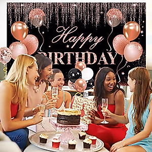 Rose Gold and Black Happy Birthday Banner Decorations with Confetti Balloon Arch Garland, Happy Birthday Backdrop Balloons Kit Party Supplies for Girls Women, 16th 21st 30th 40th 50th 60th Bday Photo Booth Decor