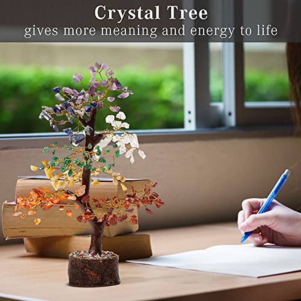Handcrafted Healing Crystal Bonsai Tree - Feng Shui Chakra Tree with 300 Wooden Beads for Positive Energy and Balance - Perfect Home/Desk Decor and Reiki Good Luck Crystal Gifts by Karma Pledge