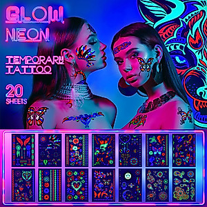 20 Sheets Glow in the Dark Temporary Tattoos UV Neon Tattoo Stickers Fluorescence Rave Festival Accessories for Women Men Face Body Makeup UV Glow Party Supplies