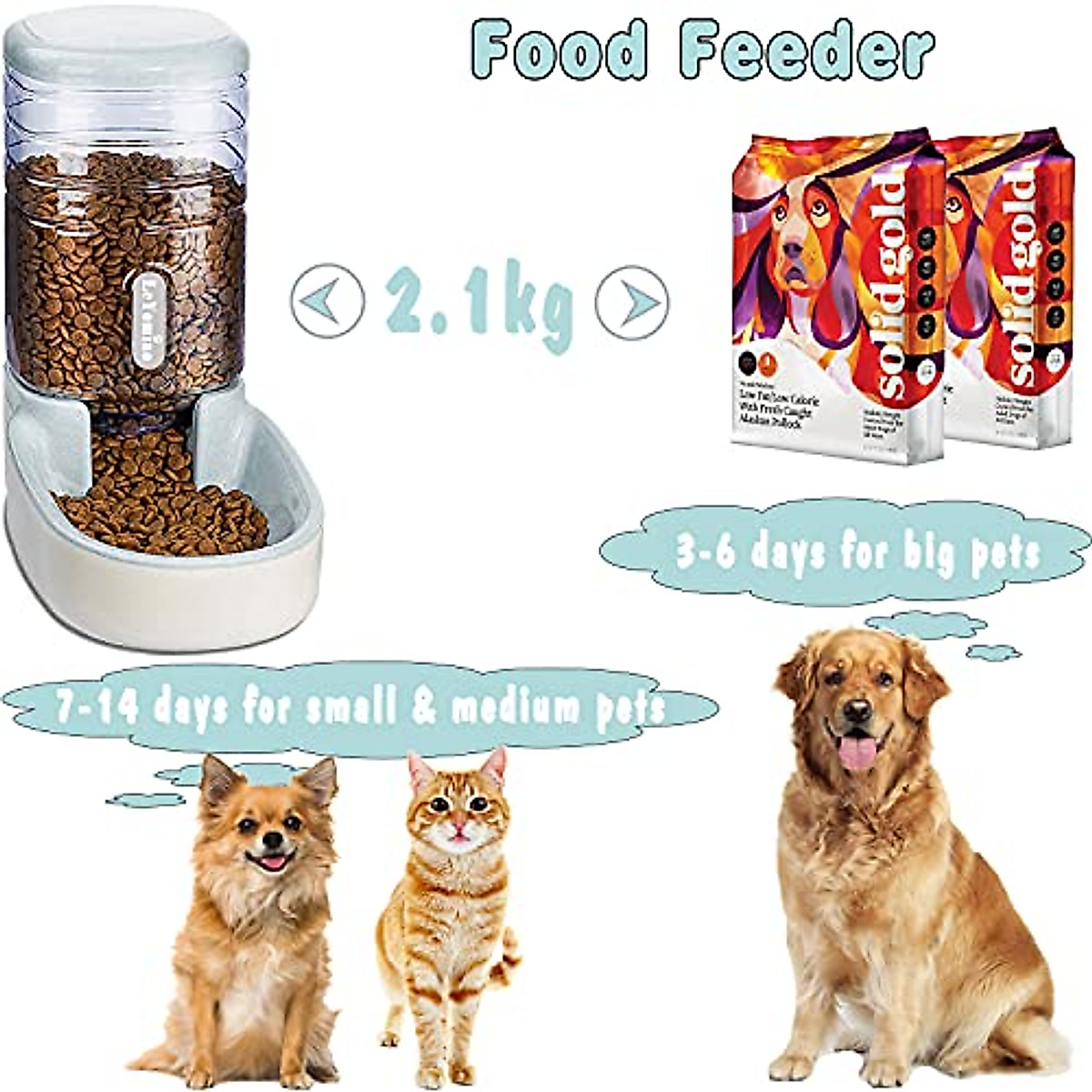 Pets Feeder Cats Dogs Automatic Feeder Set 3.8 L with 1 Water Dispenser and 1 Food Feeder for Small, Medium & Big Pets (Waterer)