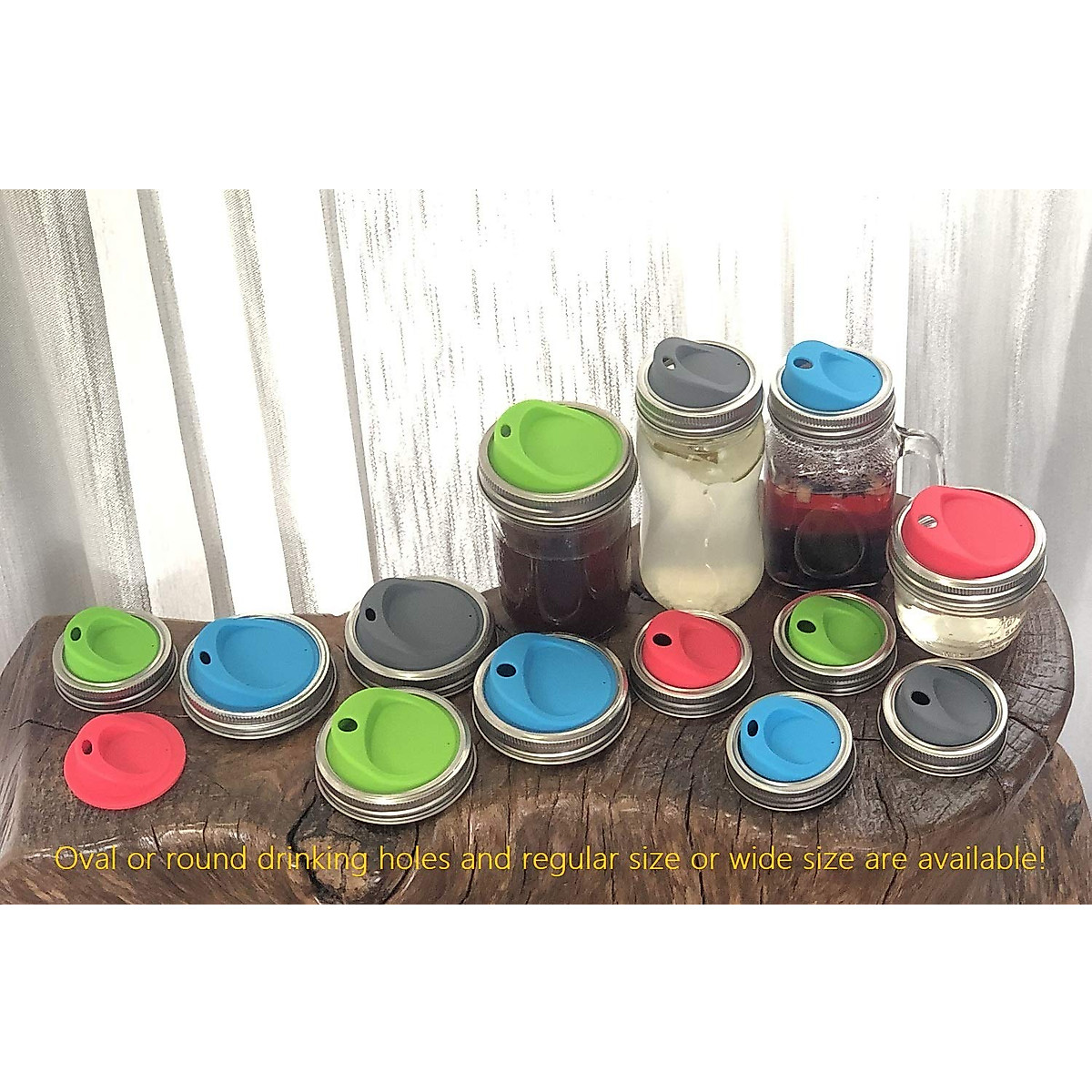 THINKCHANCES Reusable Food Grade and BPA Free Silicone Round Sip Coffee Juice Drinking Straw Lid Set with Stainless Steel Rings for Mason, Ball, Canning Jars, Pack of 4 Sets (Wide Mouth,Round Hole)