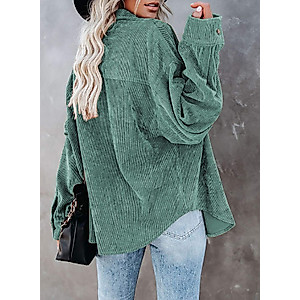 Dokotoo Womens Corduroy Shirts Button Down V Neck Long Sleeve Blouse Casual Roll Up Cuffed Tops with Pockets L Green