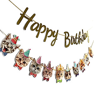 YUNSHANGMO Happy Birthday Banner Cat Garland Funny Birthday Decor Cat Face Bday Party Bunting Decorations Gold Birthday Sign