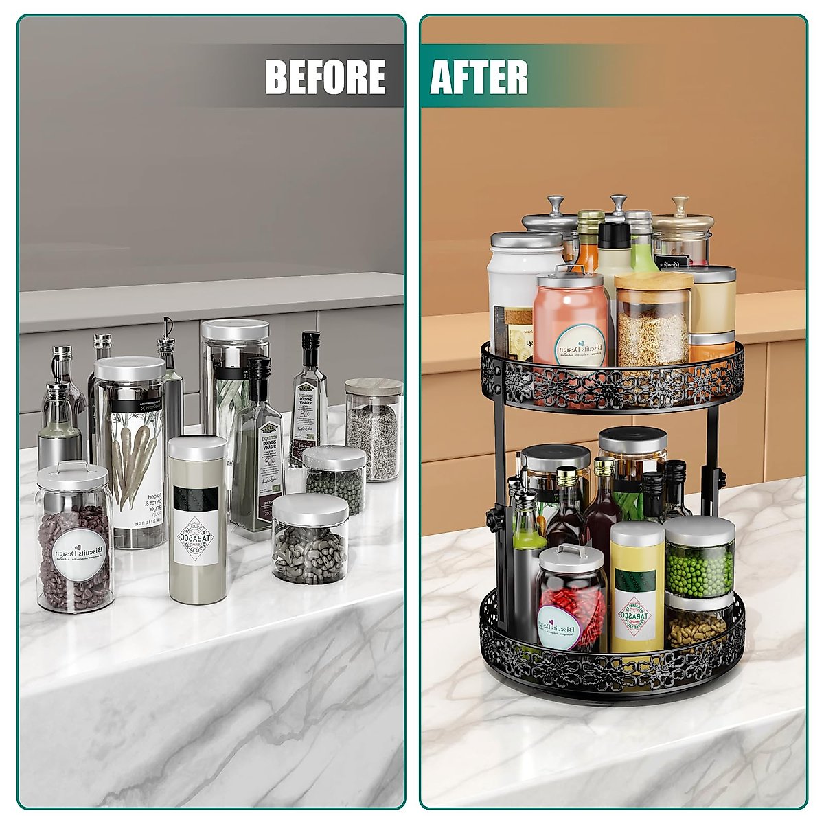 10" Lazy Susan Organizer, 2 Tier Lazy Susan Turntable for Cabinet, Countertop, Kitchen, Pantry, Height Adjustable Rotating Spice Rack Organizer with Non-Slip Pad for Dining, Countertop, Bathroom