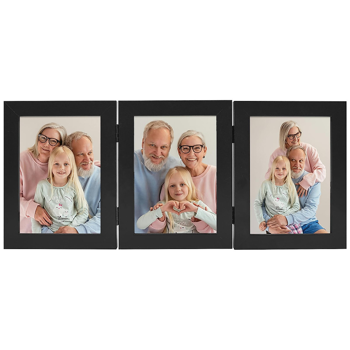 Frametory 5x7 Triple Picture Frames, Trifold Photos Frame Collage, Hinged Picture Frames with Glass Front Tabletop Display (Black, 1 Pack)