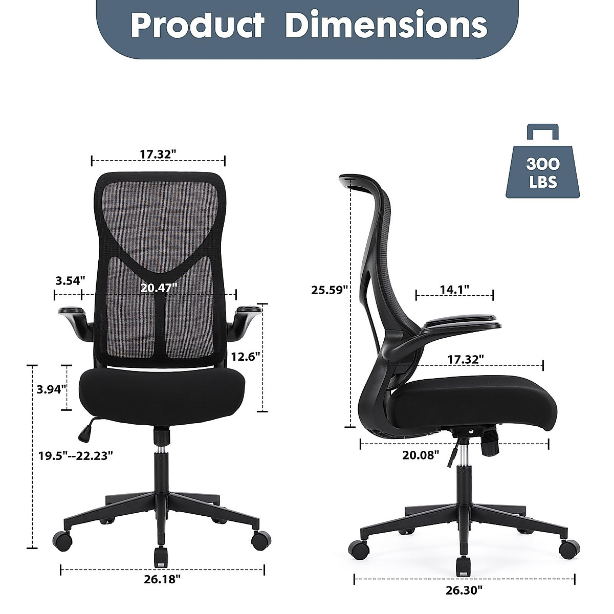 High Back Office Chair Flip up Arms, Ergonomic Mesh Chair Adjustable Height Desk Chair with Lumbar Support and Wheels Work Chair for Home Office, Black