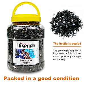 Hisencn Fire Glass 1/2 Inch - Onyx Black Reflective Tempered Fire Glass Rocks for Fire Pit, Outdoors and Indoors Natural or Propane Fireplaces, Fire Bowls Landscape Decoration, 10 Pounds