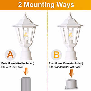 FUDESY Outdoor Post Light, Outdoor White Lamp Post Light Fixture with Pier Mount Base, Waterproof Pole Light Fixture with E26 Socket, Exterior Lamp Post Lantern for Garden Yard Patio Pathway