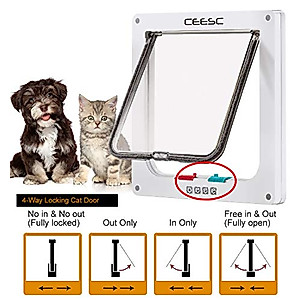 CEESC Large Cat Door (Outer Size 11" x 9.8"), 4 Way Locking Cat Door for Windows & Sliding Glass Door, Weatherproof Cat Flap Door for Cats & Doggie with Circumference < 24.8"