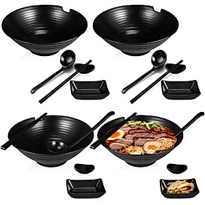 Didaey 4 Sets Japanese Ramen Bowl Set 37 oz Black Melamine Large Ramen Noodle Bowl Asian Chinese Korean Miso Soup Bowl with Spoons Chopsticks Saucers and Chopsticks Holders for Pho Udon Thai Soba