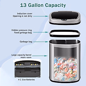 Kitchen Trash Can Automatic Trash Can Trash Can with Lid 50 Liter 13 Gallon Touch Free High-Capacity Brushed Stainless Steel Waste Bin for Bathroom Bedroom Home Office (White) (Stainless Steel)