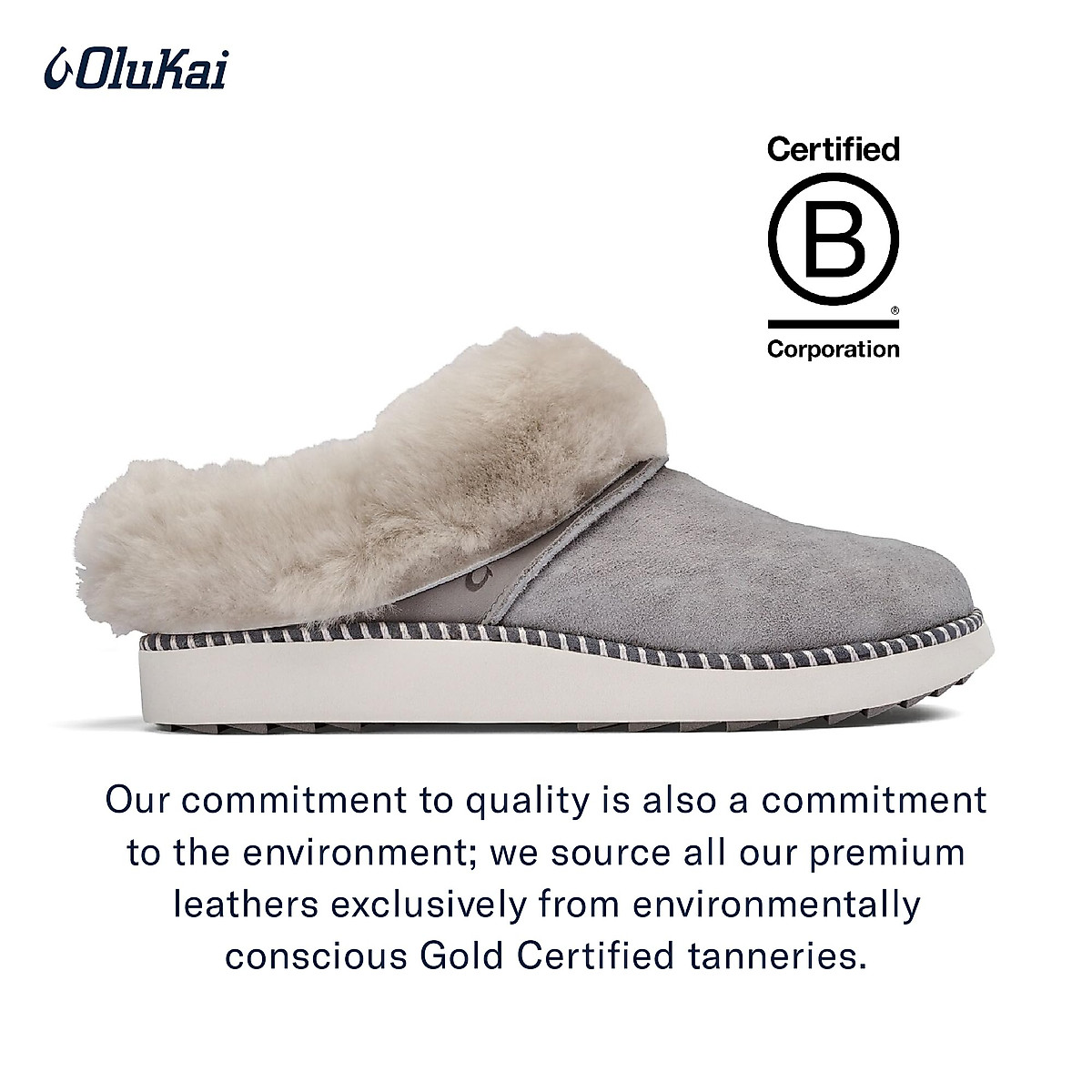 OLUKAI Ku'i Women's Slipper, Soft Full-Grain Leather & Wool Blend Footbed, Wet Grip Soles for Inside & Outside Wear, Cute & Comfortable Slip-On, Fog/Mist Grey, 7