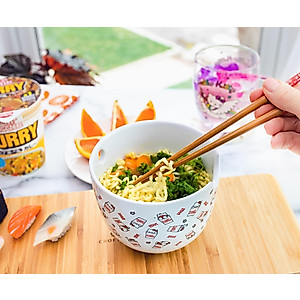 Toynk Sanrio Hello Kitty x Nissin Cup Noodles Ceramic Dinnerware Set | Includes 20-Ounce Ramen Noodle Bowl and Wooden Chopsticks