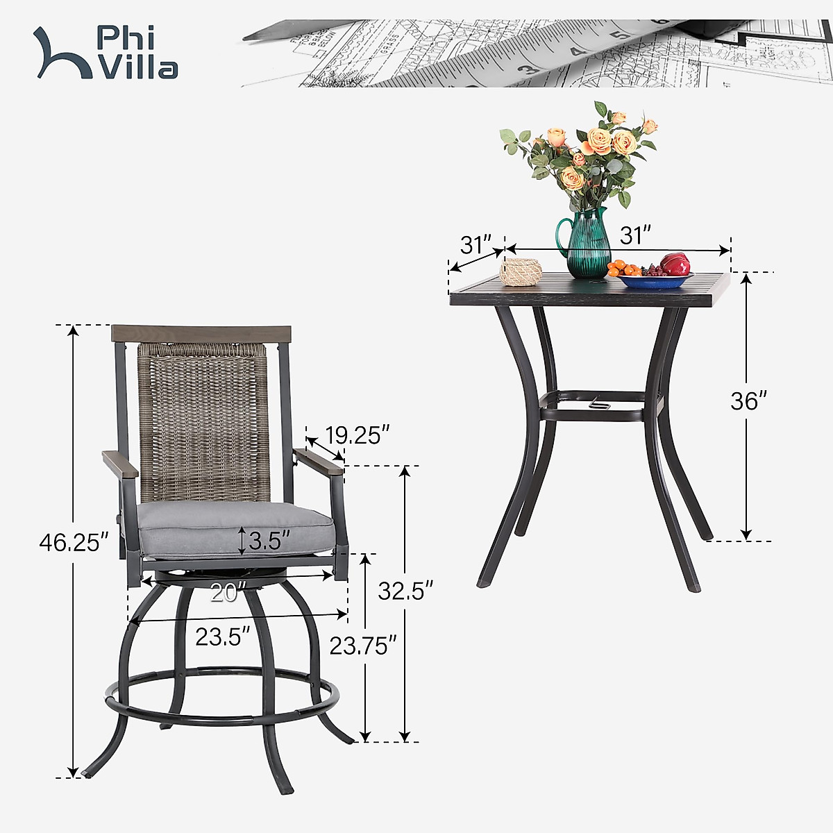 PHI VILLA 3 PCS Patio Counter Height Bar Set,Outdoor Swivel Bar Chair with Rattan Backrest and Grey Padded Cushion & Square Metal Table, Outdoor High Top Table and Chairs for All Weather in Garden