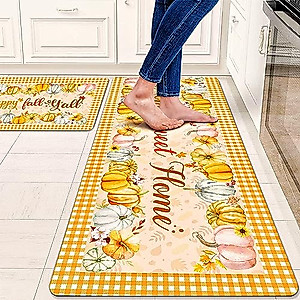 Fall Kitchen Mats, Happy Fall Yall Kitchen Rugs for floor Set of 2, Pumpkins Kitchen Rugs and Mats Non Slip, Autumn Leaves Sunflower Home Sweet Home Decor Gifts for Office Laundry, 17x29+17x47 Inch