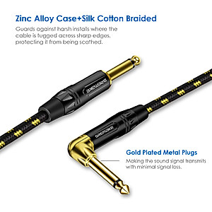 DREMAKE 1/4 Guitar Amp Straight to Right Angel Patch Cord, 3 Feet Quarter Inch Cable Black/Yellow Braided Tweed, Jack 6.35mm 1/4 Inch Guitar Cable for Electric Guitar, Bass, Keyboard to PA Certified