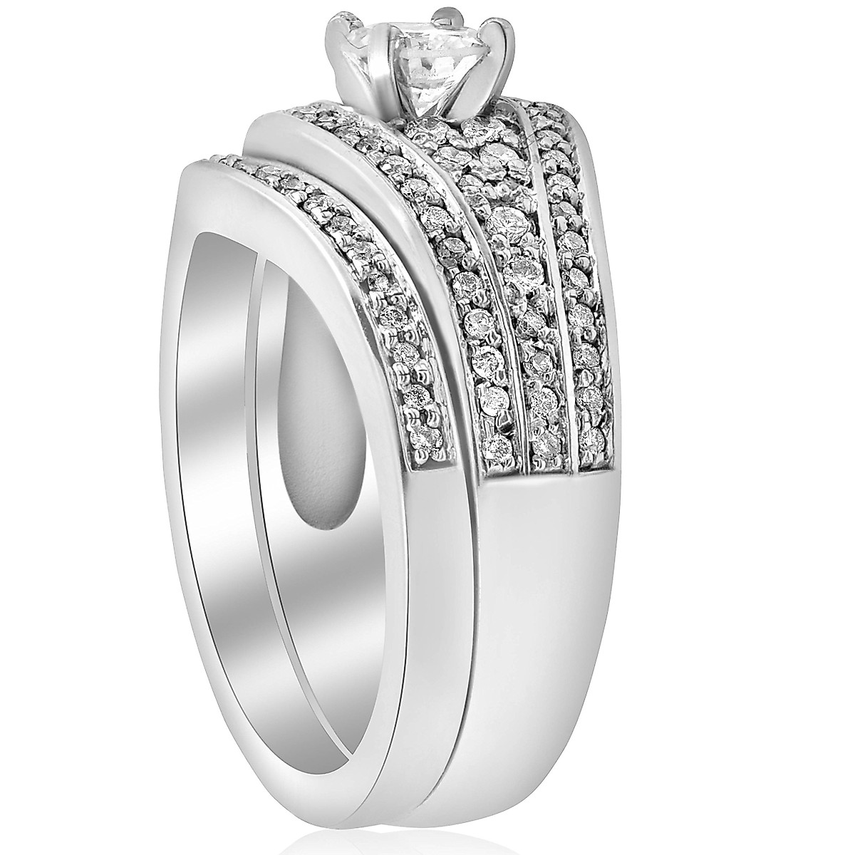 1 1/10ct Diamond Pave Wide Engagement Wedding Ring Set 14K White Gold - Size 10