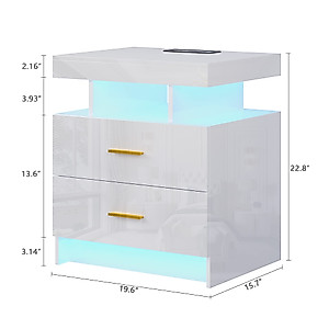 HNEBC Auto LED Nightstands Set of 2,Modern Bedside Table with 2 Ports & Wireless Charging Station,High Gloss Bedside Tables with 2 Drawers,Nightstands for Bedrooms/Living Room (White)