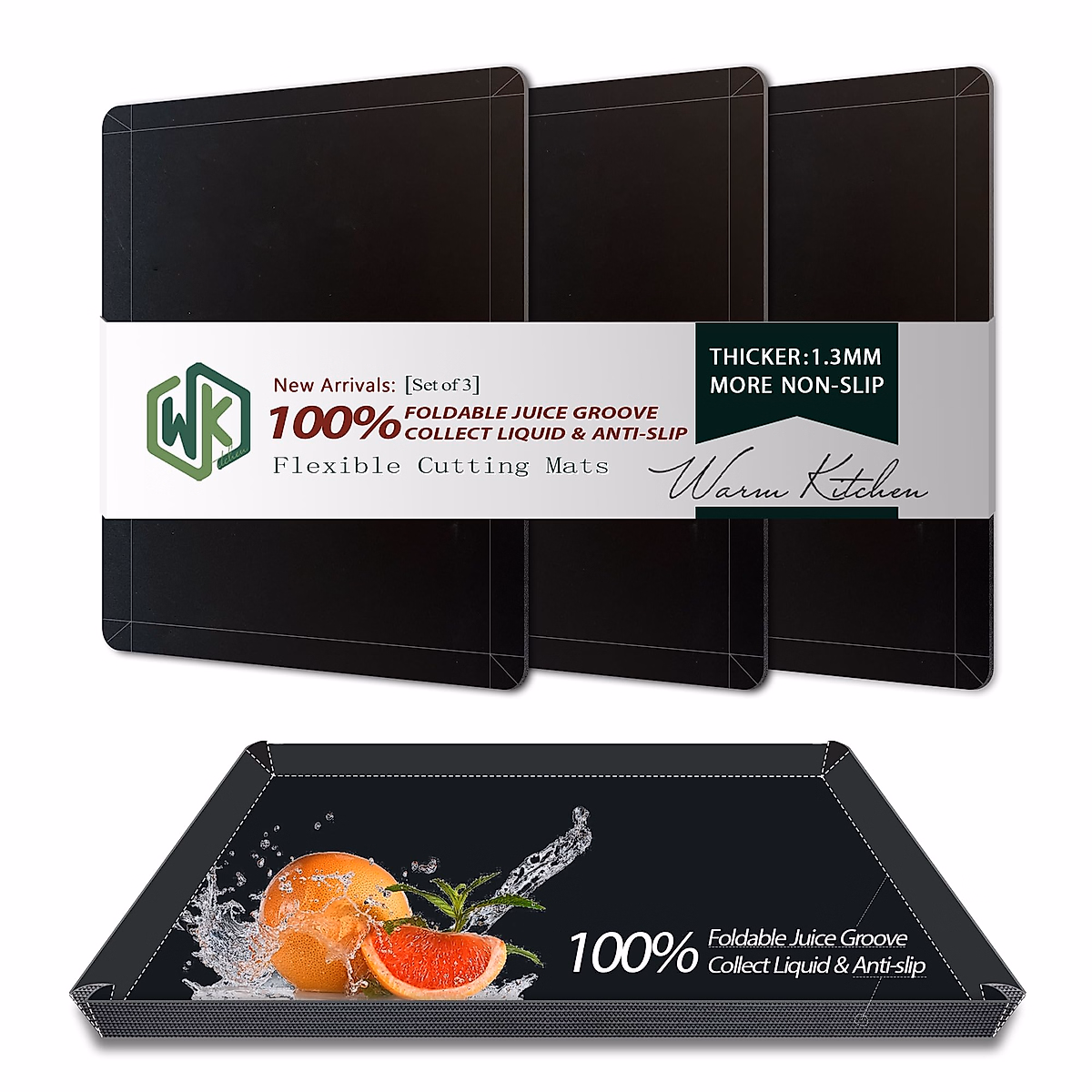 Extra Thick Foldable Cutting Board with Lip, Flexible Plastic Cutting Board Mats for Kitchen, Black Cutting Boards for Meat, Nonslip Cutting Mats, BPA Free, Dishwasher Safe, Set of 3