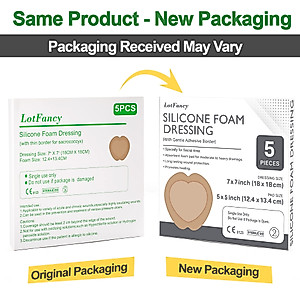 LotFancy Sacral Foam Dressing, 7"x 7", 5 Count, Silicone Foam Dressing, Wound Dressing with Border, Sacrum, Bed Sores, Pressure Ulcers Healing Bandage Pad, Highly Absorbent, Waterproof