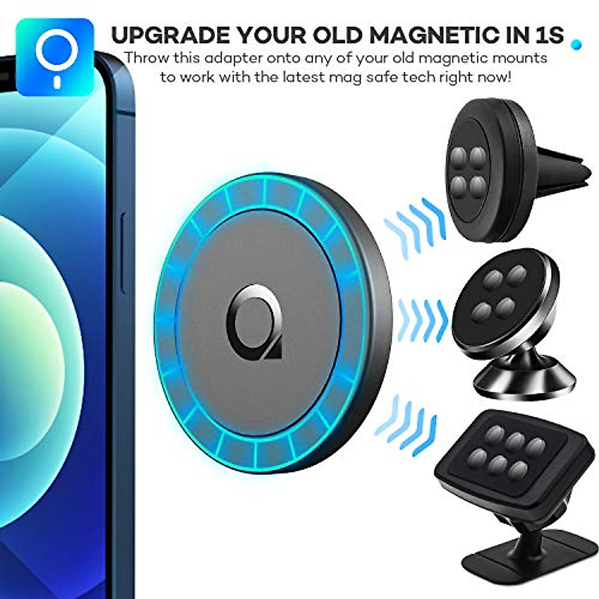 Quarble Magnetic Adapter Compatible with MagSafe Case and iPhone 12 Pro Max Mini, Attached to Old Magnetic Car Phone Mount Holder No Metal Plate Needed