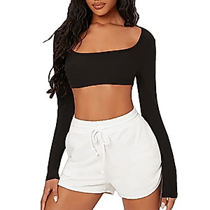 SOLY HUX Long Sleeve Crop Tops for Women Sexy Scoop Neck Rib Knitted Workout Basic Tees Slim Fitted Cropped T Shirts Solid Black M