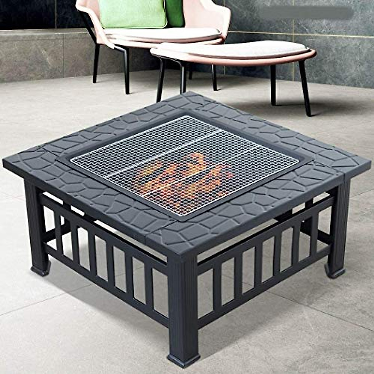 LEAYAN Garden Fire Pit Grill Bowl Grill Barbecue Rack Fire Pits,32" Outdoor Fire Pit Metal Square Firepit Wood Burning Backyard Patio Beaches Camping Picnic Bonfire Stove with Spark Screen Cover