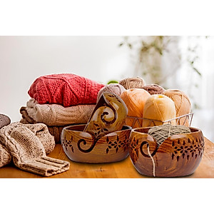 Nagina International Rosewood Crafted Wooden Yarn Storage Bowl With Carved Holes & Drills | Knitting Crochet Accessories (Set)