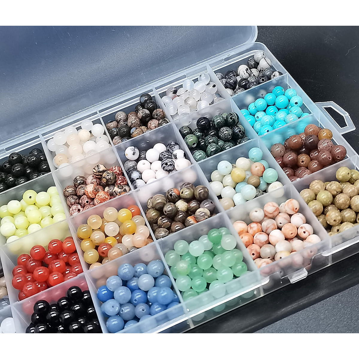 1200pcs 6mm Natural Round Stone Beads Real Gemstone Beading Loose Gemstone Hole Size 1mm DIY Smooth Beads for Bracelet Necklace Earrings Jewelry Making,Box Packed(24 Material -A,6mm)