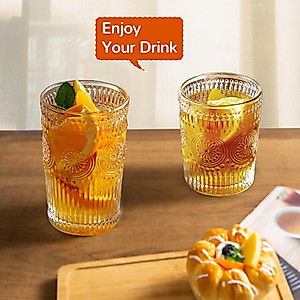 Lvtrupc 10Pcs Vintage Drinking Glasses - Romantic Highball Glasses & Rocks Glasses, Striped Glass Tumbler Cups for Water Coffee Juice Cocktail, Luxurious Floral Embossed Clear Glassware Set