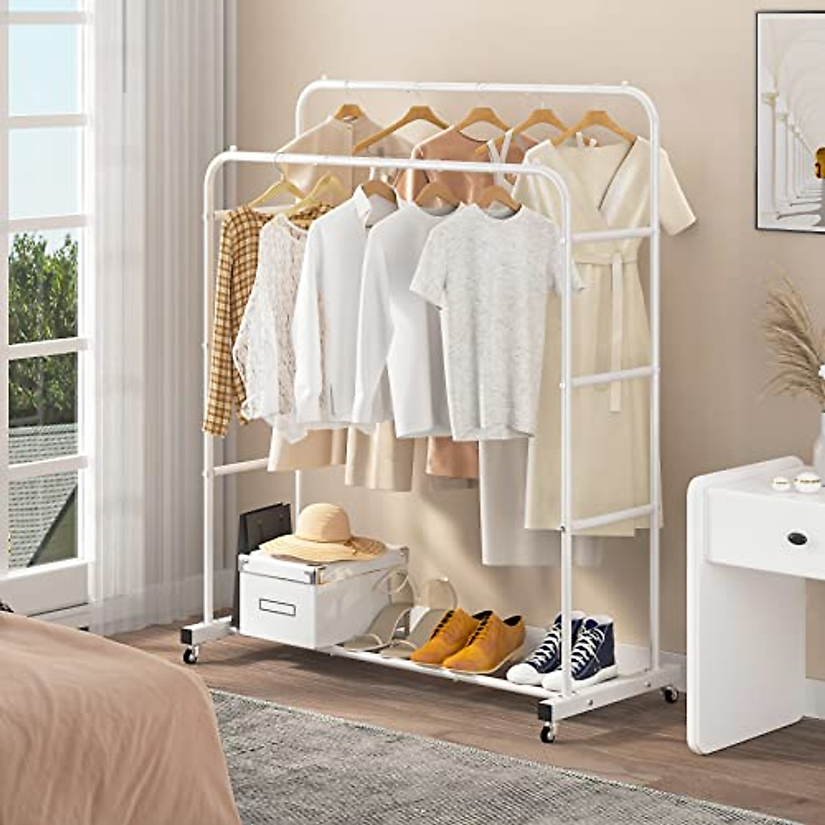 Laiensia Double Rod Garment Rack,Portable Rolling Clothes rack on Wheels,for Hanging Clothes,White