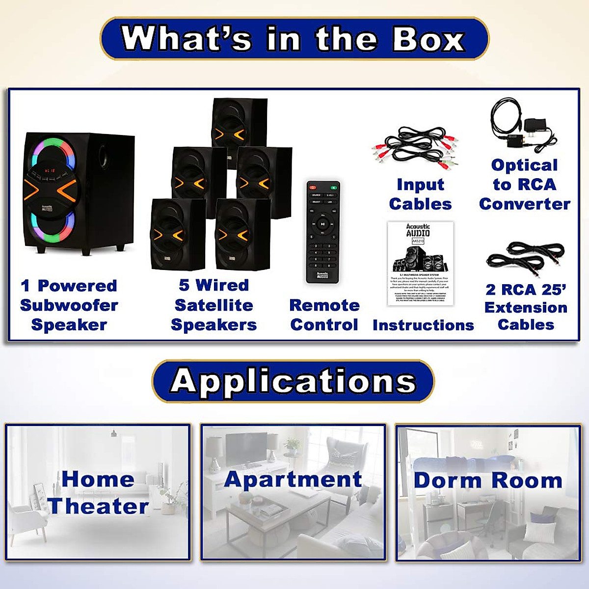 Acoustic Audio AA5210 Home 5.1 Speaker System with Bluetooth, LEDs, FM, Optical Input and 2 Ext. Cables
