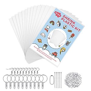 Warckon 137 Pieces Shrink Plastic Sheet Kit Include 12 PCS Shrinky Art Paper with 125 PCS Keychains Accessories for Kids Creative Craft