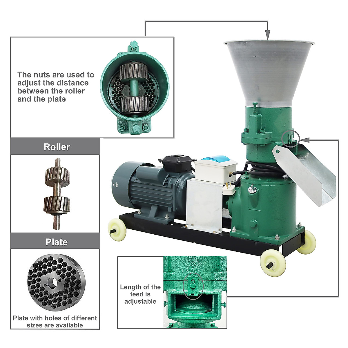 TECHTONGDA Animal Pellet Feed Mill Grinder Maker Machine Pellet Fodder Press for Farm Chicken Cow with 2 Head Rollers 8MM Holes 220V