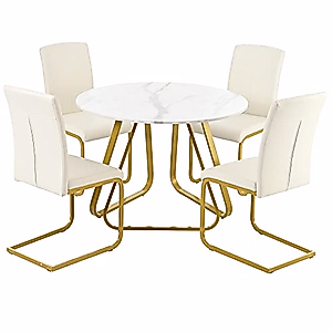 Dinehome 5-Piece Faux Marble Top Round Dining Table and Chairs with Metal Legs Set for 4 Persons, White+Gold