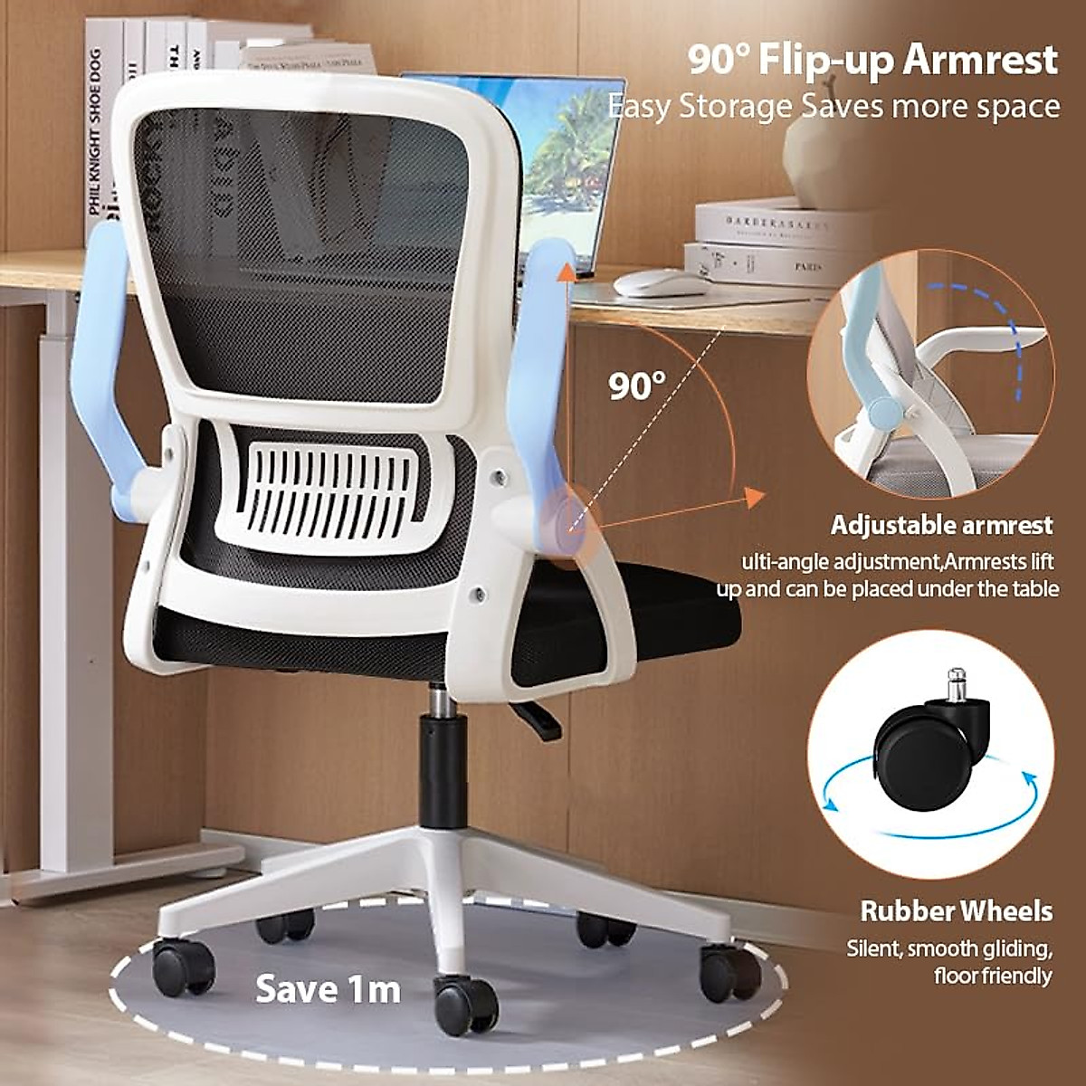 XUEGW Office Chair, Ergonomic Desk Chair Breathable Mesh Chair Swivel Chair with Flip-Up Arms and Lumbar Support Computer Chair for Home Office