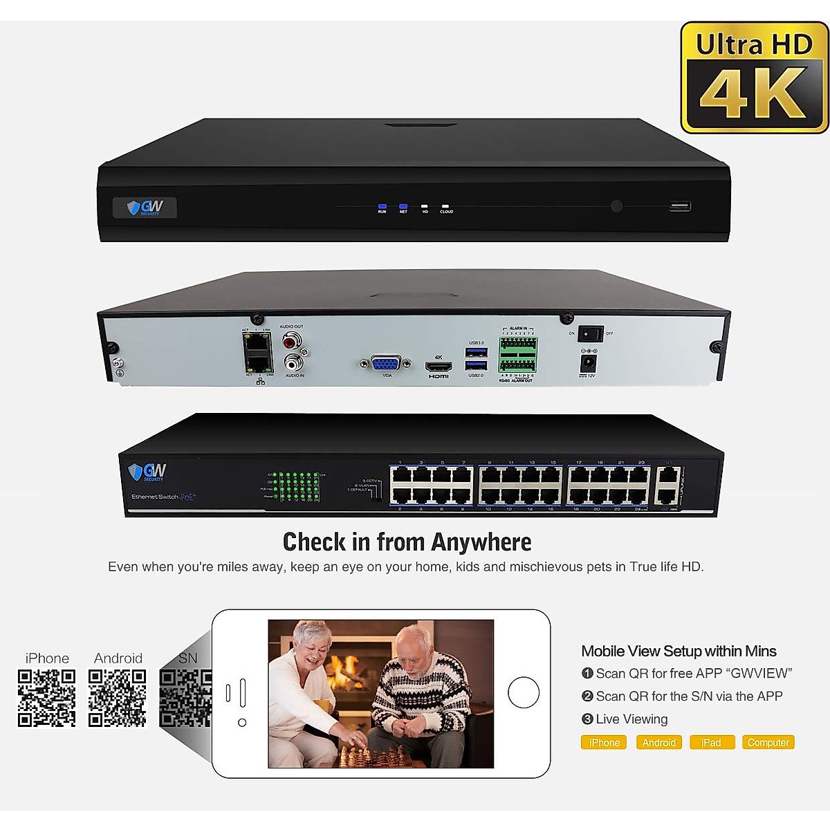 GW Security 32 Channel 4K NVR 5MP POE Audio & Video Security Camera System - 32 x 5MP 1920P Weatherproof Bullet Cameras,Built in Microphone, Quick QR Code Easy Setup, Pre-Installed 8TB Hard Drive