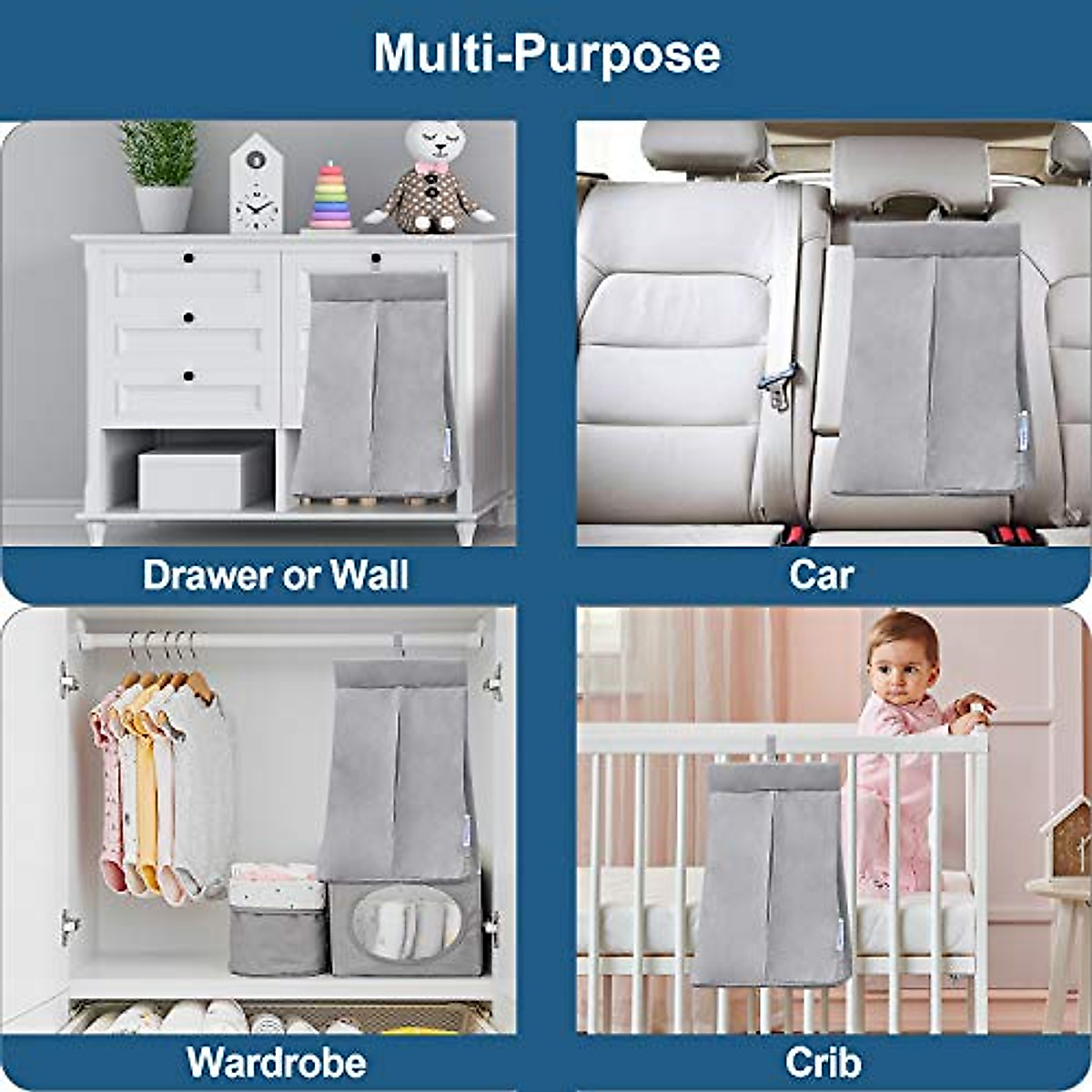 SPRINGSPIRIT Diaper Stacker Diaper Caddy Organizer Easy Access & Dustproof Diaper Bag Portable Hand Free Diaper Holder for Adults or Nursery, Light Grey Diaper Stacker