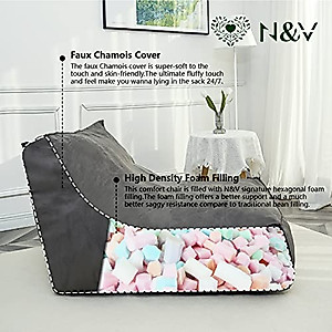 N&V Giant Foam Filling Floor Sofa, Extra Large High Density Foam Bean Bag, Faux Chamois Cover, Independent Linen (Grey, with Ottoman)