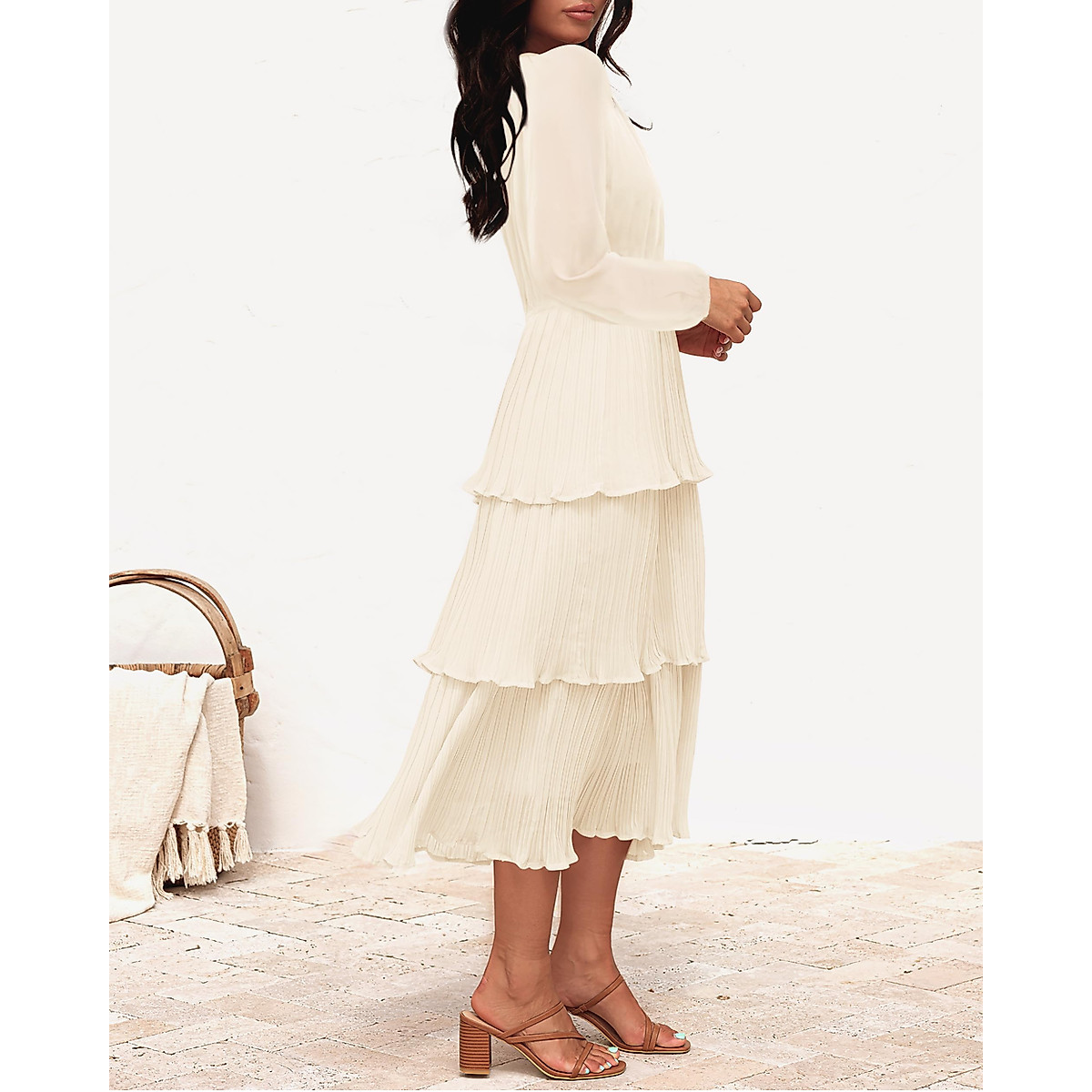 ZESICA Women's 2025 Long Sleeve Crew Neck Ruffle Tiered Layered Chiffon Flowy Swing 2025 Long Midi Dress,Apricot,Large