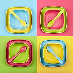 Bamboo Kids Plates, 4 Pack Set, Stackable Bamboo Dinnerware for Kids, Bamboo Fiber Kids Plates Set, Dinner Dish Set for Kids and Toddlers, Dishwasher Safe and Stackable